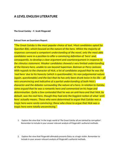 The Great Gatsby a collection of mock examination questions A LEVEL ...