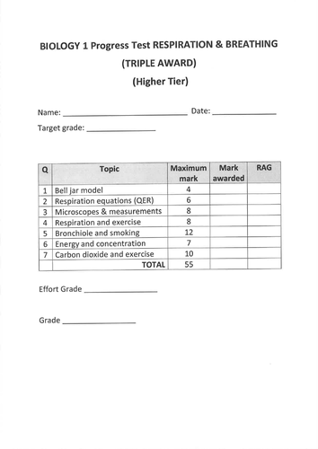 Progress Test/Assessment (WJEC 1.2 Respiration & The Respiratory System ...