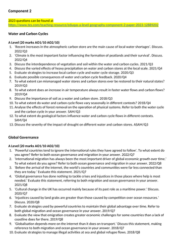 Eduqas A Level Geography Exam Questions - Component 2 | Teaching Resources