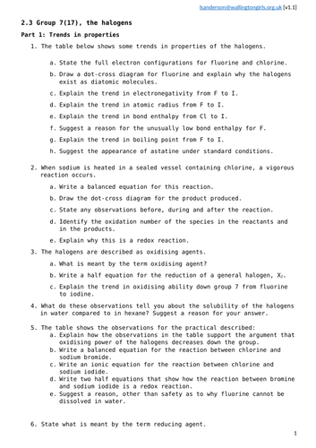 2.3 Group 7(17), the halogens (Full booklet) - AQA A Level Chemistry ...