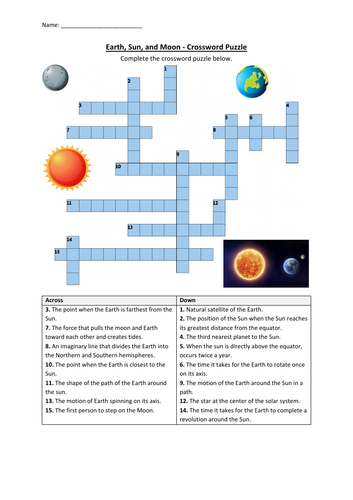 Earth, Sun, and Moon - Crossword Puzzle Worksheet Activity (Printable ...