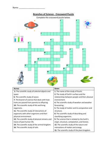 Branches of Science - Crossword Puzzle Worksheet Activity (Printable ...