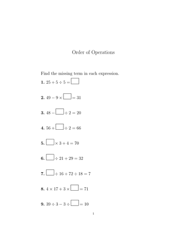 Order of Operations -Missing Terms (harder) Worksheet (with solutions ...