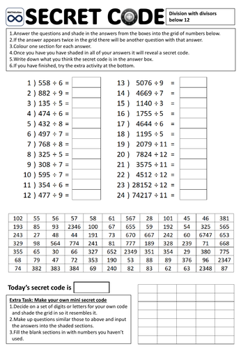 Secret Code Activity for Maths. Theme: Division with divisors less than ...