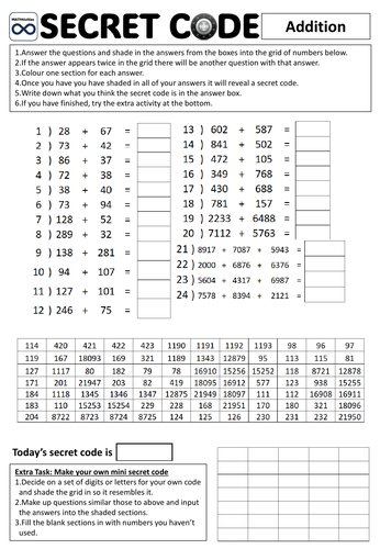Secret Code Activity for Maths. Theme: Addition | Teaching Resources