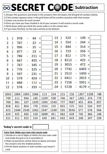 Secret Code Activity for Maths. Theme: Subtraction | Teaching Resources
