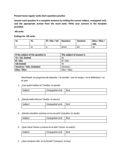 Present tense regular verbs short questions practice | Teaching Resources