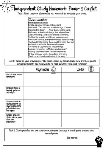 Power & Conflict: Ozymandias & London Worksheet | Teaching Resources