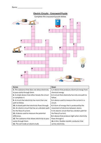 Electric Circuits - Crossword Puzzle Worksheet Activity (Printable ...