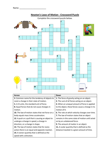Newton's Laws of Motion - Crossword Puzzle Worksheet Activity ...