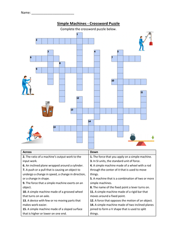 Simple Machine - Crossword Puzzle Worksheet Activity (Printable ...