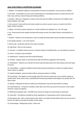 Food and Nutrition GSCE Glossary/Definitions | Teaching Resources