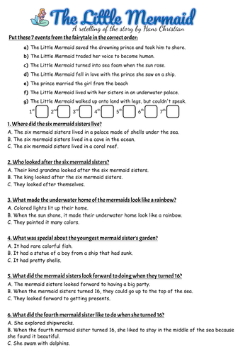 Little Mermaid Reading Comprehension | Teaching Resources