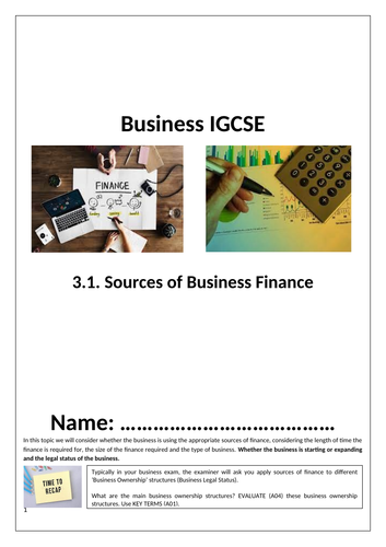 Sources of Finance (GCSE) | Teaching Resources