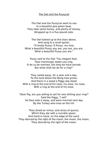 The Owl & The Pussycat - story map & poem | Teaching Resources