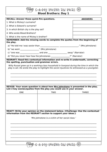 5 A DAY: Blood Brothers GCSE Revision Activity Book | Teaching Resources