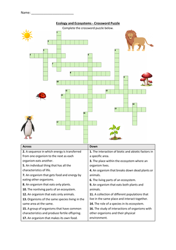 Ecology and Ecosystems - Crossword Puzzle Worksheet Activity (Printable ...