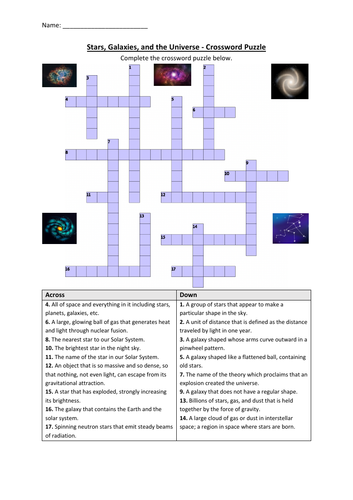 Stars, Galaxies, and the Universe - Crossword Puzzle Worksheet Activity ...