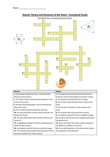 Atomic Theory and Structure of the Atom - Crossword Puzzle Worksheet ...