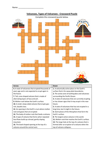 Volcanoes, Types of Volcanoes - Crossword Puzzle Worksheet Activity ...