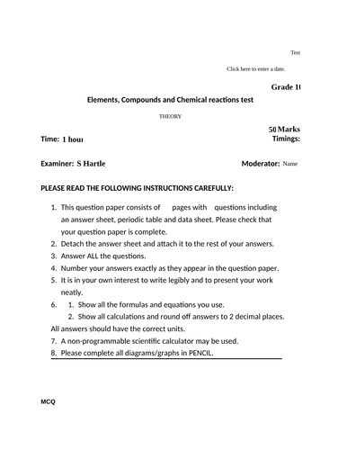TEST ELEMENTS, COMPOUNDS AND CHEMICAL REACTIONS | Teaching Resources