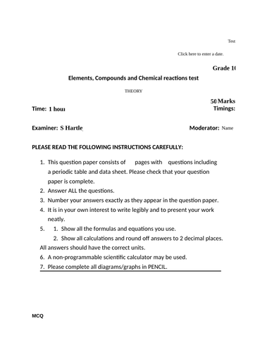 TEST ELEMENTS, COMPOUNDS AND CHEMICAL REACTIONS | Teaching Resources