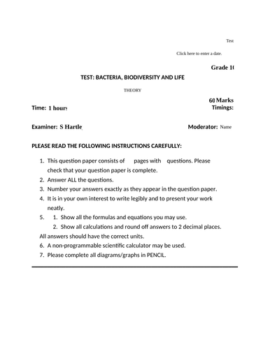 TEST BACTERIA, BIODIVERSITY AND LIFE | Teaching Resources