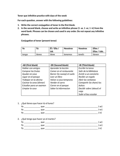 Tener que infinitive practice with days of the week | Teaching Resources