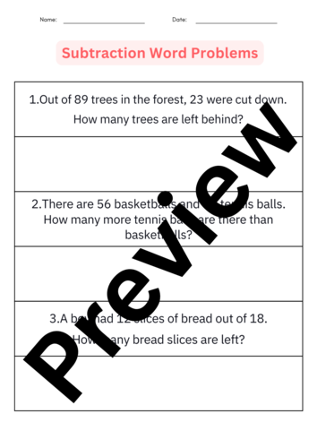 1st Grade Subtraction Word Problems Math Worksheets for kindergarten ...