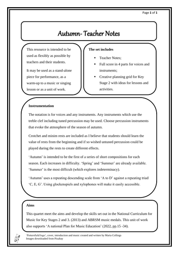 Autumn - A Quartet for Voices and Instruments | Teaching Resources