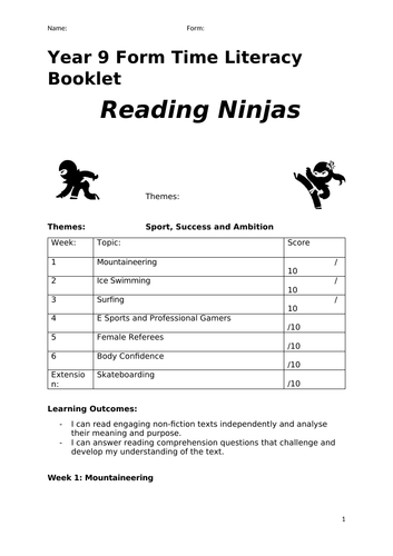 Sport-Themed Reading Booklet (Form Time Literacy) | Teaching Resources