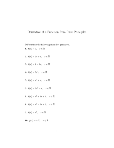 Derivative of a Function from First Principles Worksheet (with ...