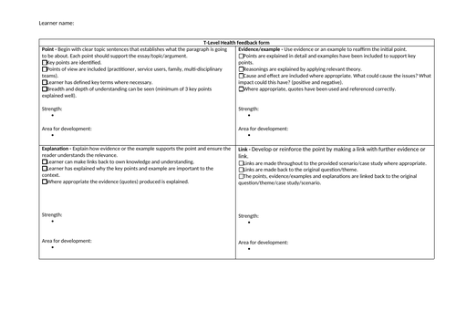 T-Level Health Feedback form (for activities and formative assessment ...