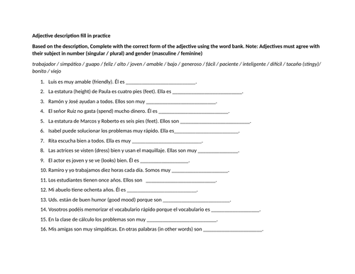 Adjective description fill in practice (Spanish) | Teaching Resources