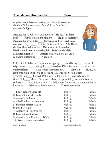 German Adjectives Reading | Amanda und ihre Familie Text (Adjektiven ...