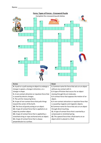 Force, Types of Forces - Crossword Puzzle Worksheet Activity (Printable ...
