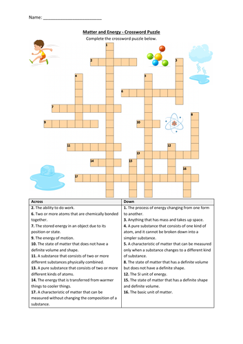 Matter and Energy - Crossword Puzzle Worksheet Activity (Printables ...