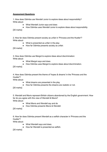 Exam Questions: Princess and the Hustler | Teaching Resources