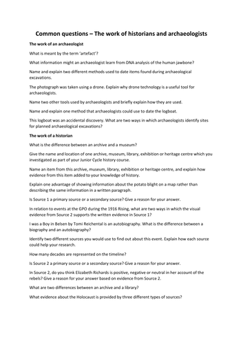 Junior Cycle History - Common Questions | Teaching Resources