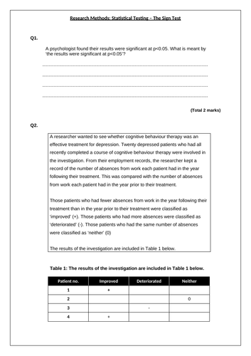 A-Level Psychology - INTRODUCTION TO STATISTICAL TESTING: THE SIGN TEST ...