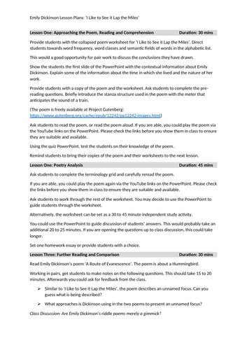 I like to see it lap the Miles by Emily Dickinson Student Worksheet and ...