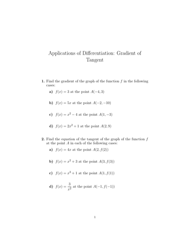 Applications of Differentiation: Gradient of Tangent Worksheet (with ...