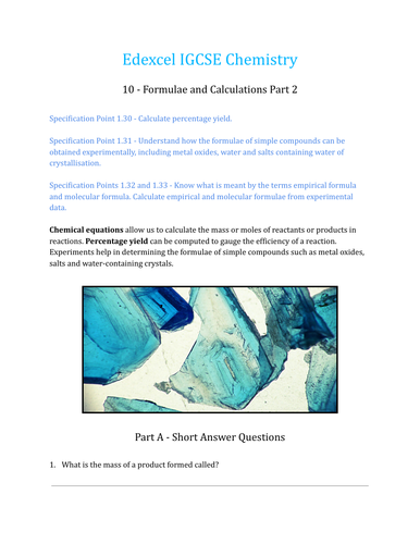 Edexcel IGCSE Chemistry Worksheet 10 - Formulae and Calculations Part 2 ...
