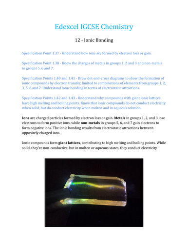 Edexcel IGCSE Chemistry Worksheets Chapter 3 - Bonding | Teaching Resources