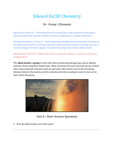 Edexcel IGCSE Chemistry Worksheet 16 - Group 1 Elements | Teaching ...