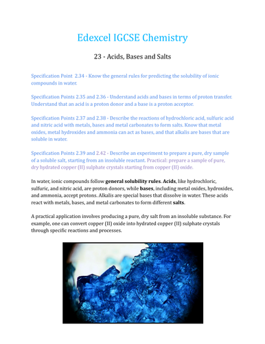 Edexcel IGCSE Chemistry Worksheet 23 - Acids, Bases and Salts | Teaching Resources