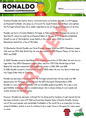 Famous Footballers Reading Comprehension: Cristiano Ronaldo | Teaching ...