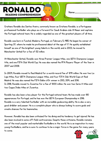 Famous Footballers Reading Comprehension: Cristiano Ronaldo | Teaching ...