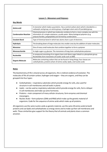 3.1.1 Monomers & Polymers FULL LESSON | Teaching Resources
