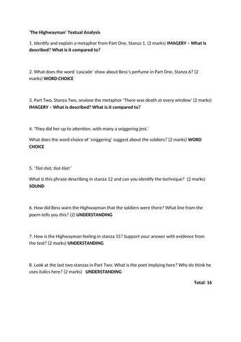 'The Highwayman' Literature Study | Teaching Resources